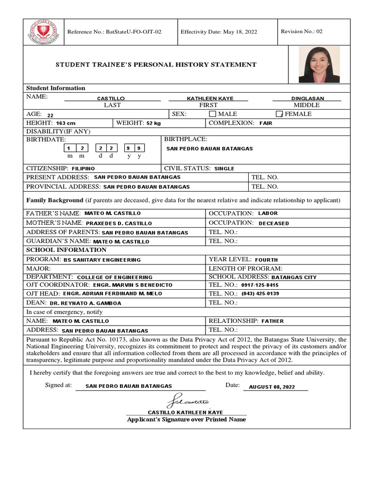 Student Trainee Personal History Statement | PDF | Government | Applied ...