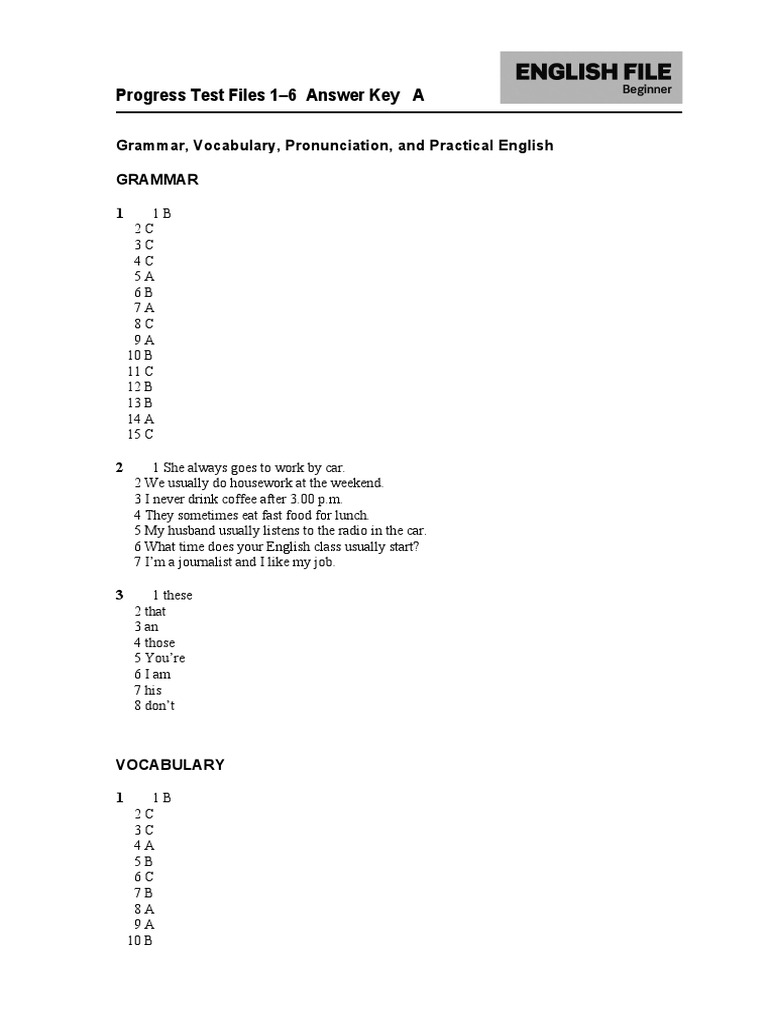 Comprehensive English Language Skills Assessment: Answer Key for ...