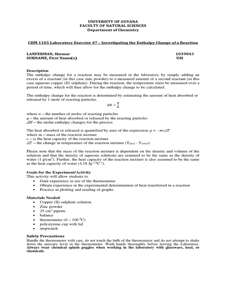 Enthalpy Change Measurement Lab | PDF | Enthalpy | Heat