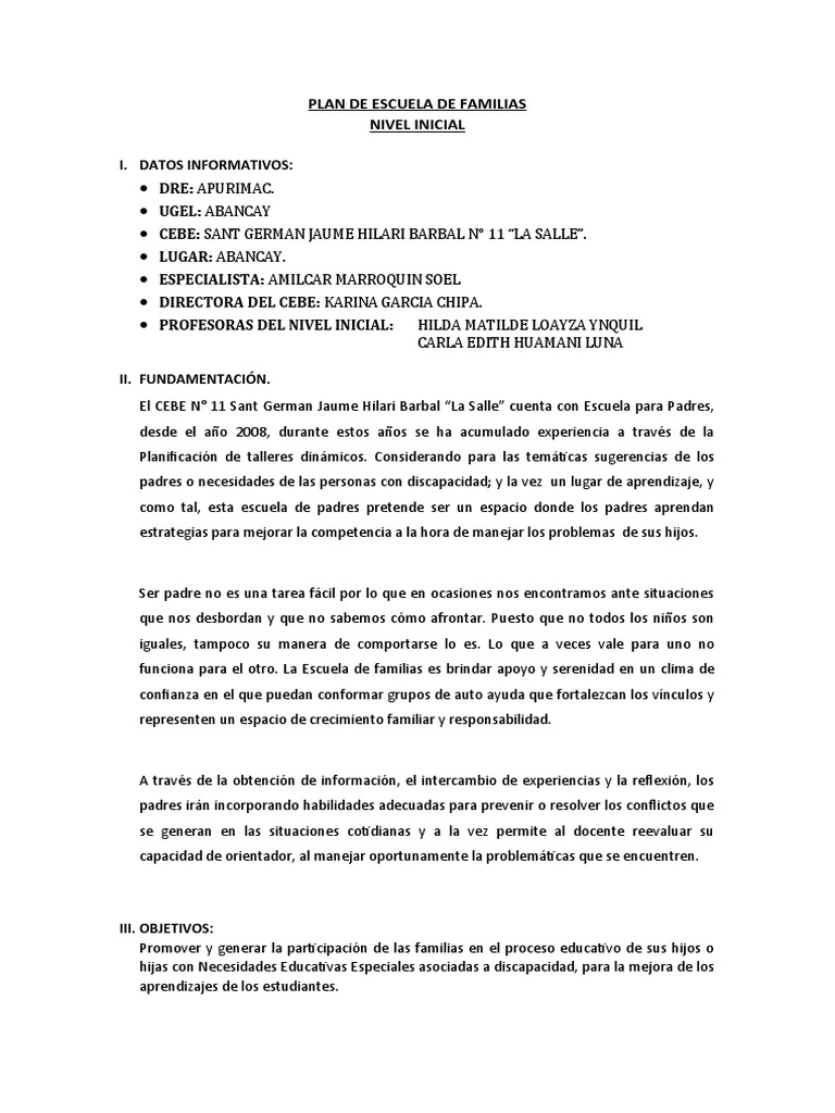 Plan de Escuela de Familias Nivel Inicial | PDF | Aprendizaje