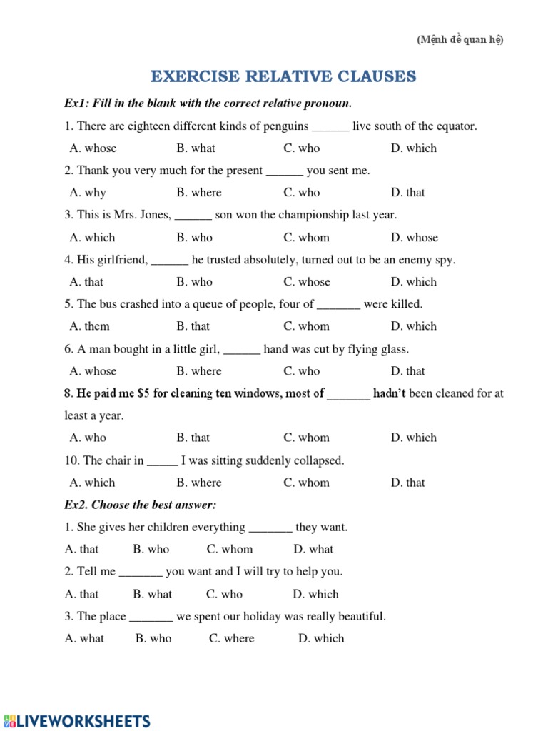 Relative Clause Exercises with Answers | PDF
