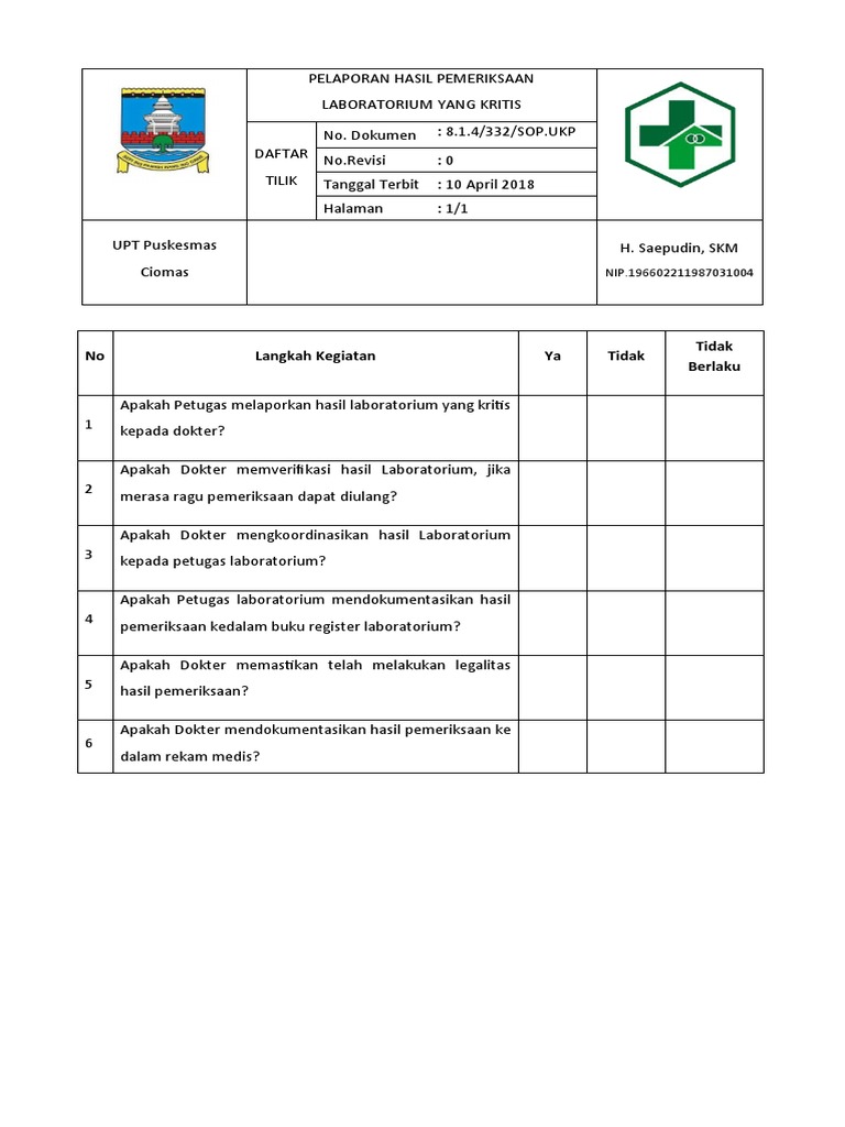 Daftar Tilik Pelaporan Hasil Pemeriksaan Laboratorium Yang Kritis | PDF