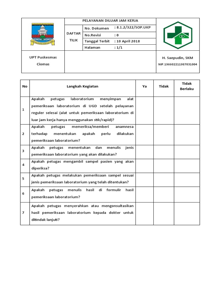 Daftar Tilik Pelayanan Diluar Jam Kerja | PDF