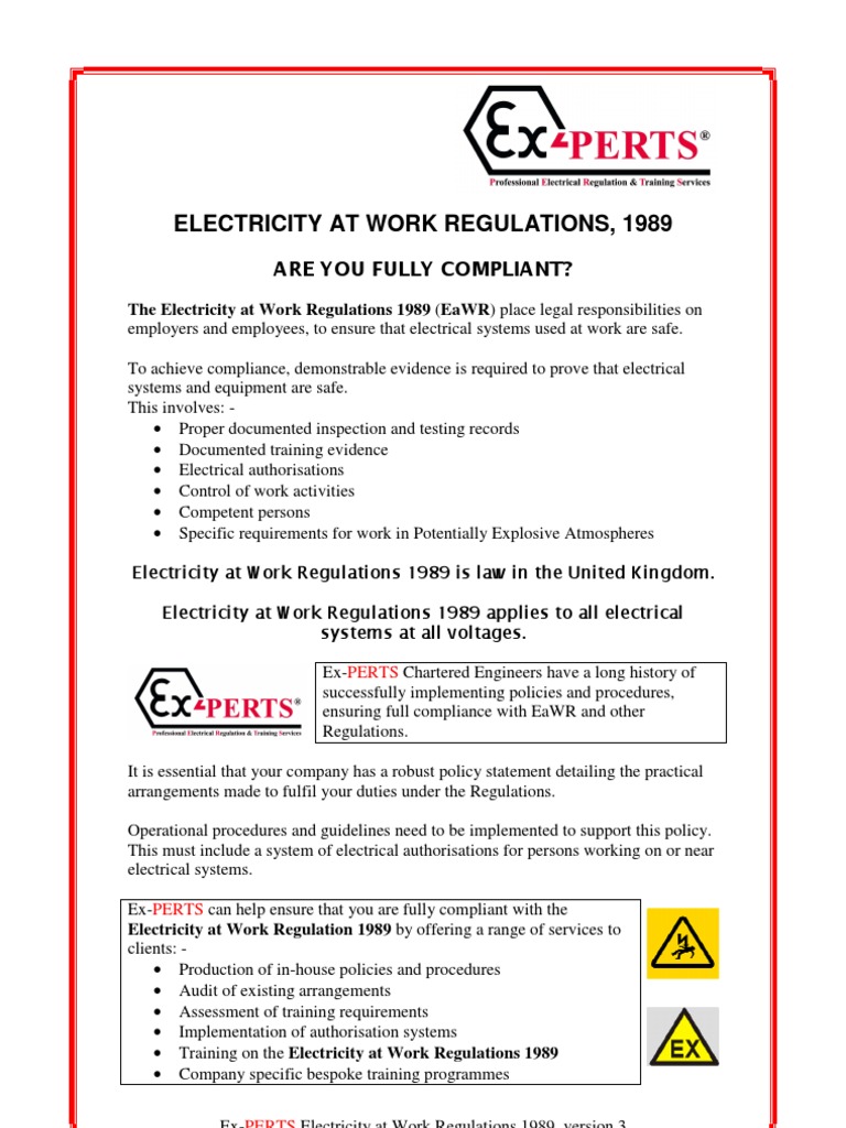 Electricity at Work Regulations 1989 | Download Free PDF | Regulatory ...