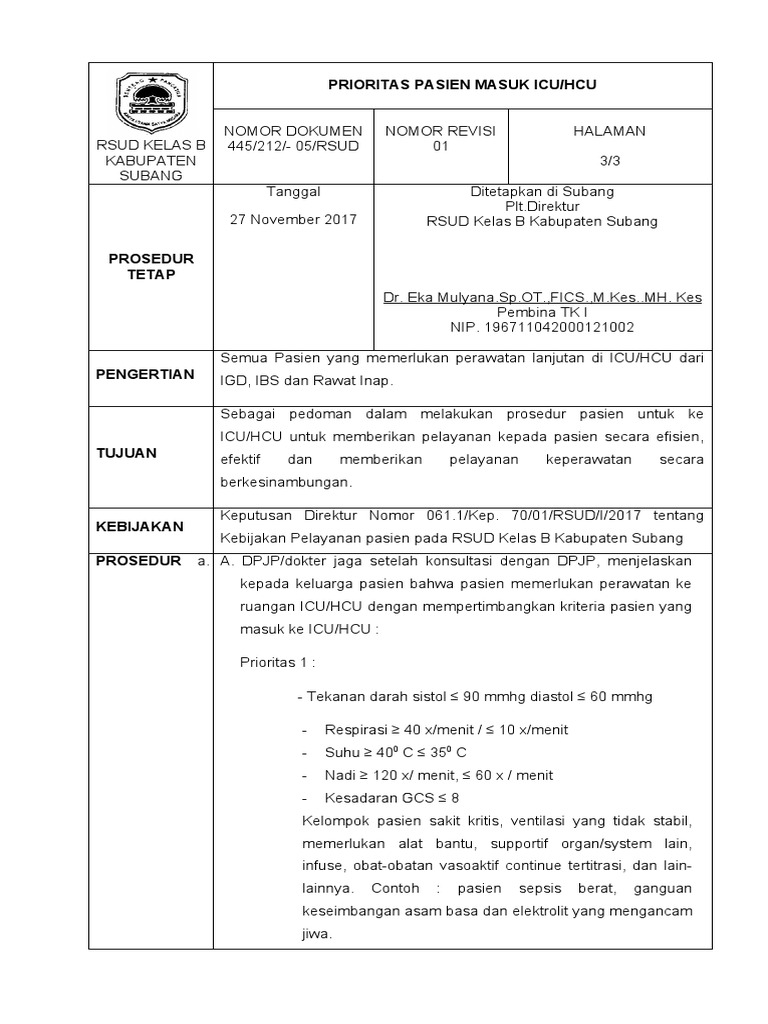 Sop Prioritaspasien Masuk Icu Hcu | PDF