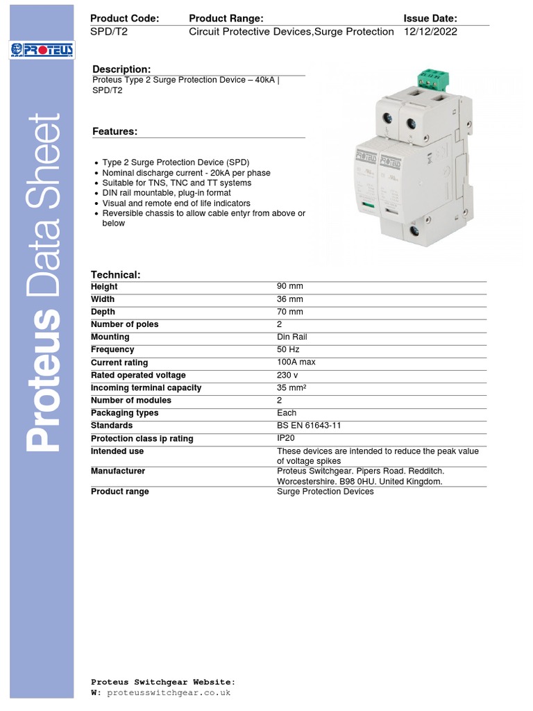 Proteus Type 2 Surge Protection Device 40ka SPD t2 | PDF | Computer ...