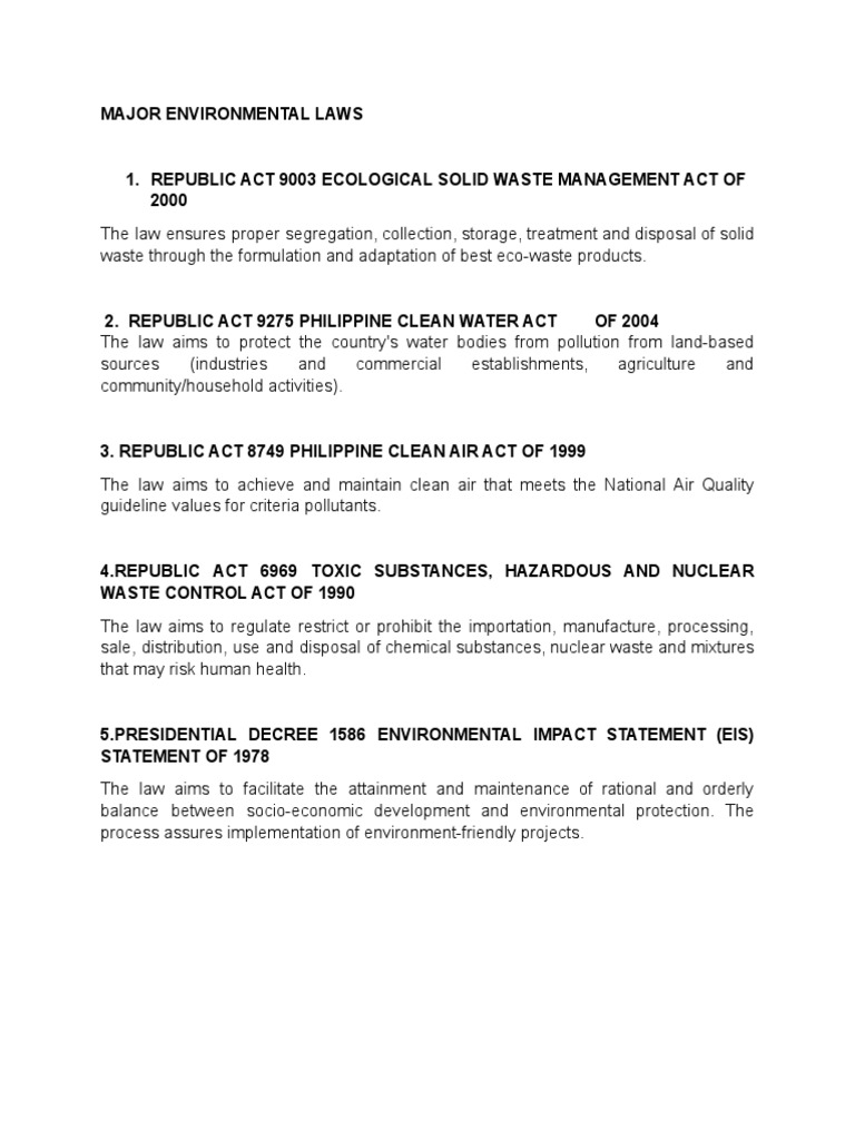 Major Philippine Environmental Laws and Their Objectives Along With Key ...