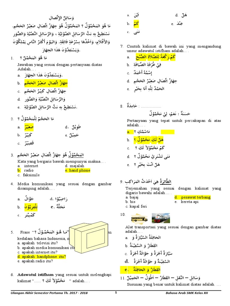 Soal Pas Ganjil Bahasa Arab Kelas 12 2017-2018 Sma | PDF