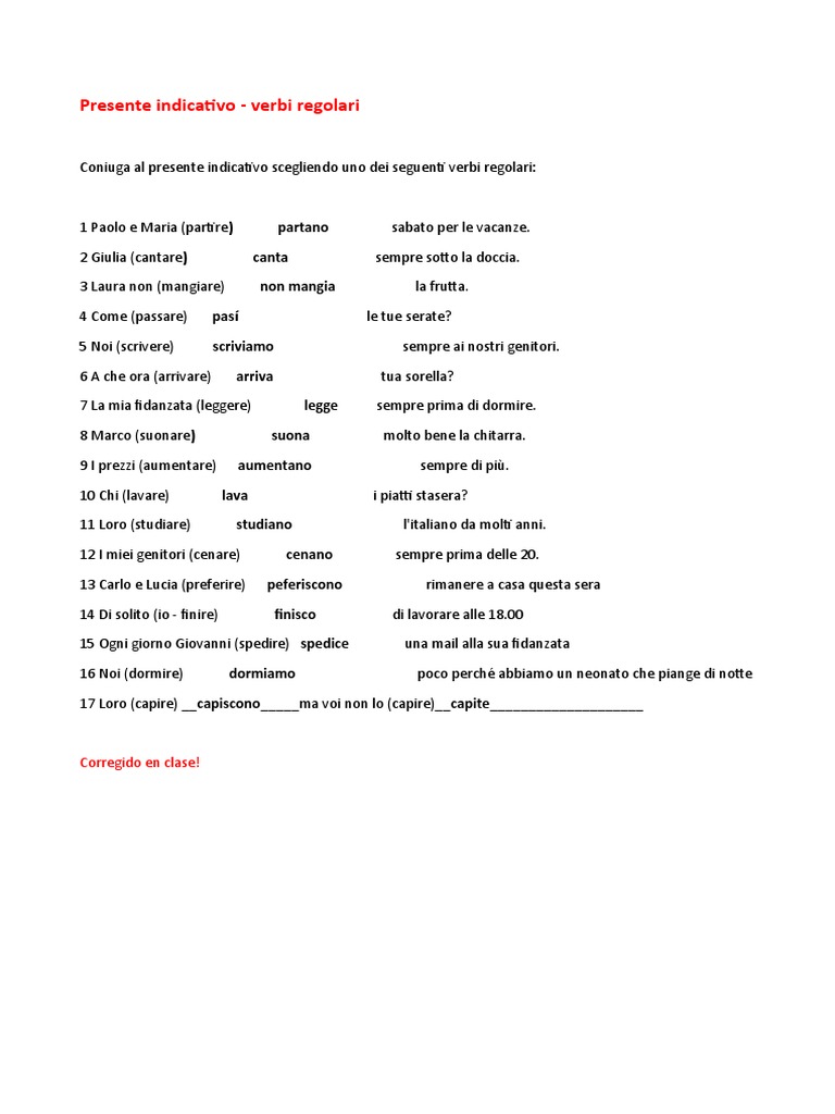 Esercizio Presente Indicativo - Verbi Regolari | PDF
