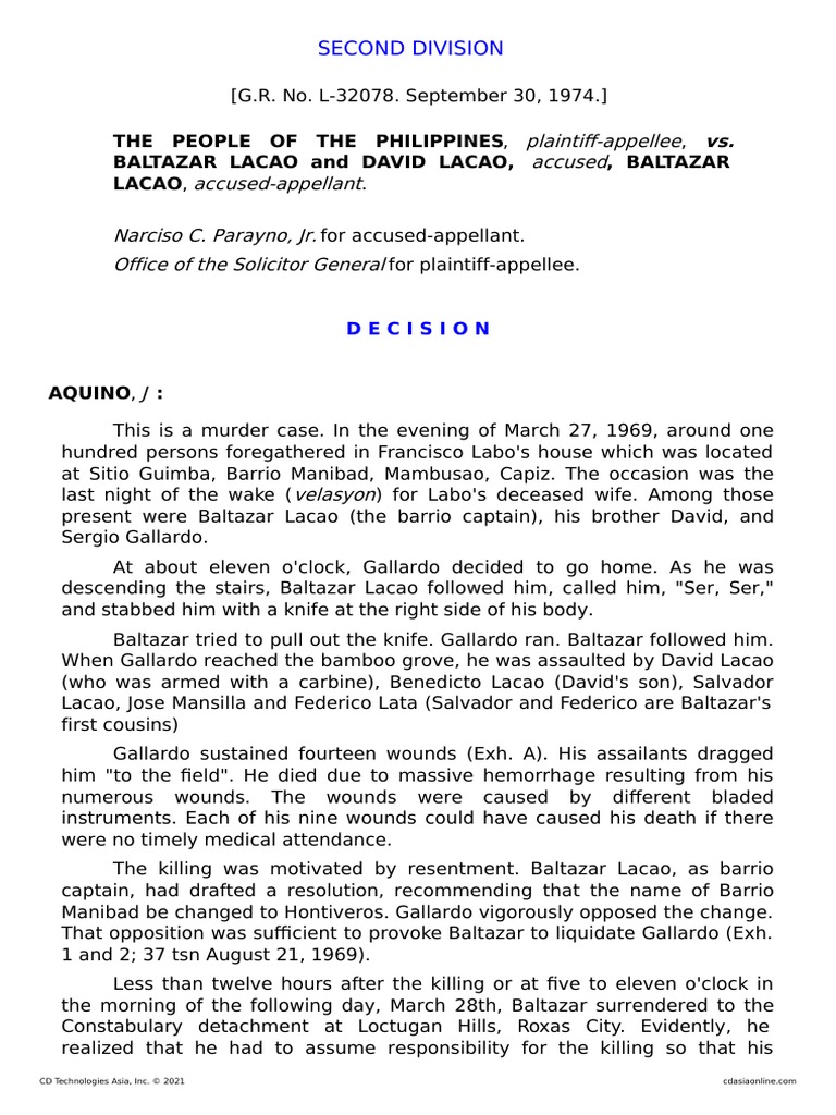 CRIM 1.08.05. G.R.32078. People v. Lacao (1974) | PDF | Murder ...