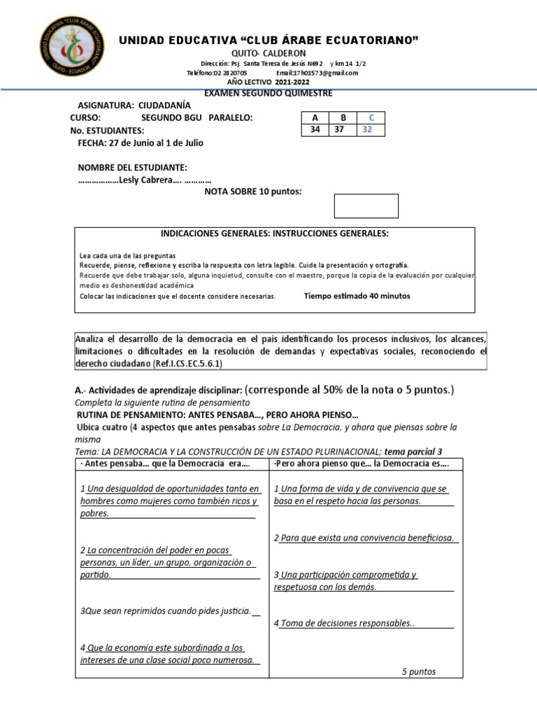 Examen de Ciudadania 2C | PDF | Ecuador | Prueba (evaluación)