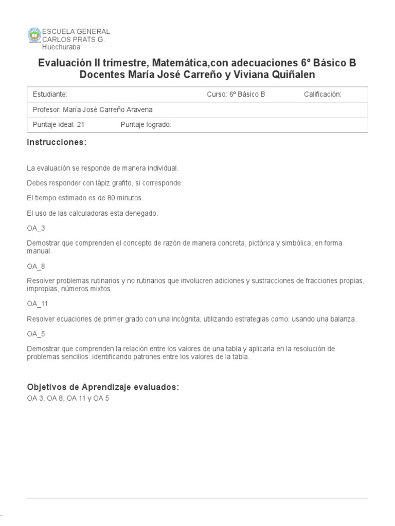 Evaluación Matemática 6º Básico B | PDF | Ecuaciones | Proporción