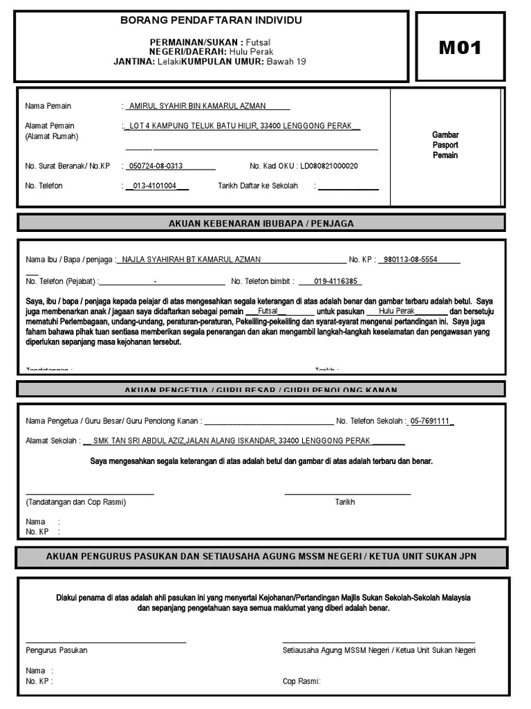 Borang MR01 Futsal 2022 | PDF