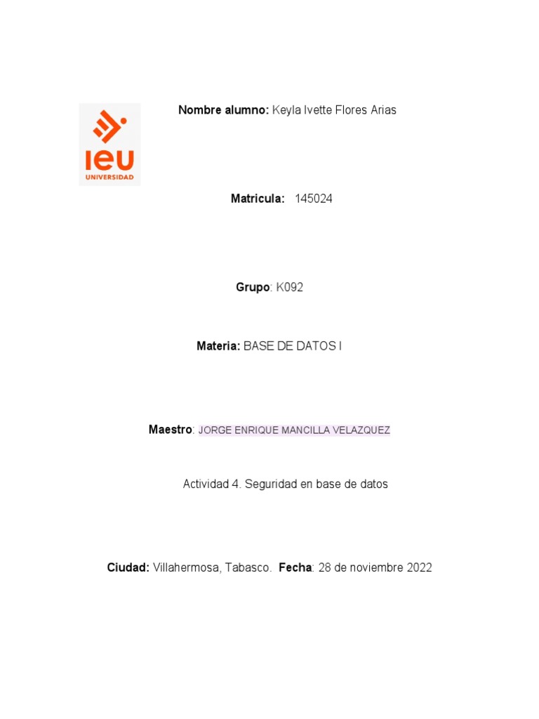 Actividad 4. Seguridad en Base de Datos | PDF | SQL | Mi sql