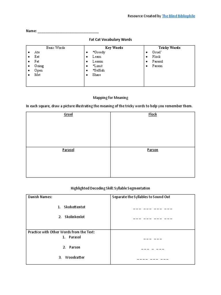 SM1 - Fat Cat Vocabulary Words Sheet | PDF