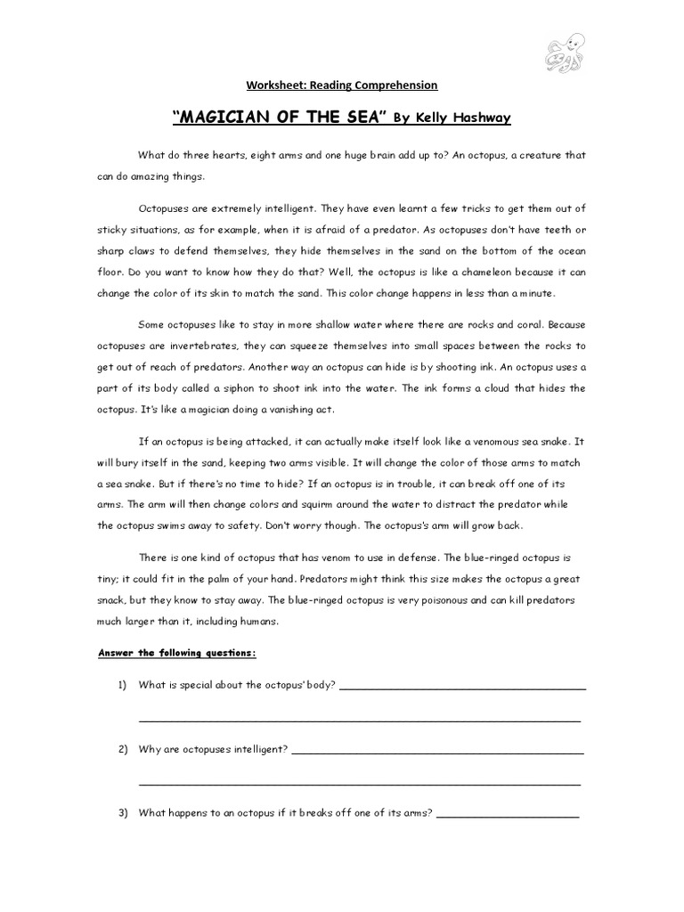 Octopus Reading Comprehension Worksheet | PDF | Octopus | Predation