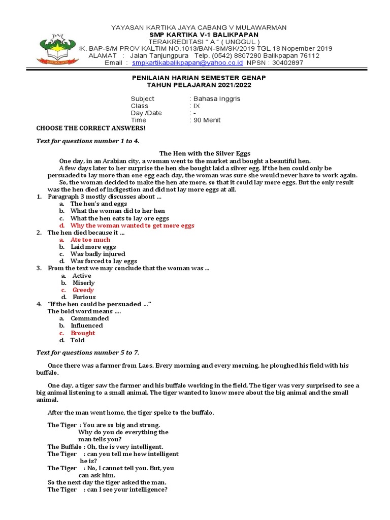 Penilaian Harian Bahasa Inggris SMP | PDF