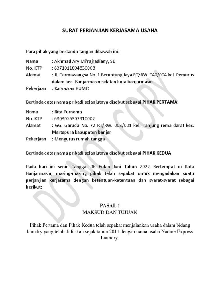 Surat Perjanjian Kerjasama Usaha Revisi Pdf