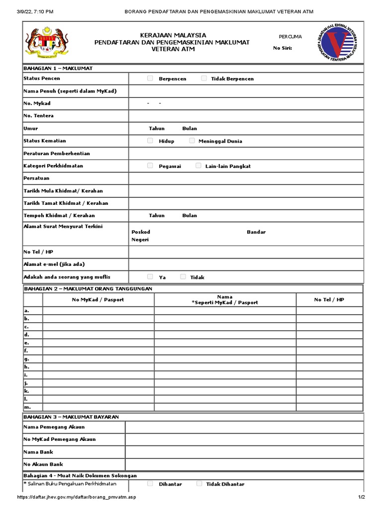 Borang Pendaftaran Dan Pengemaskinian Maklumat Veteran Atm | PDF