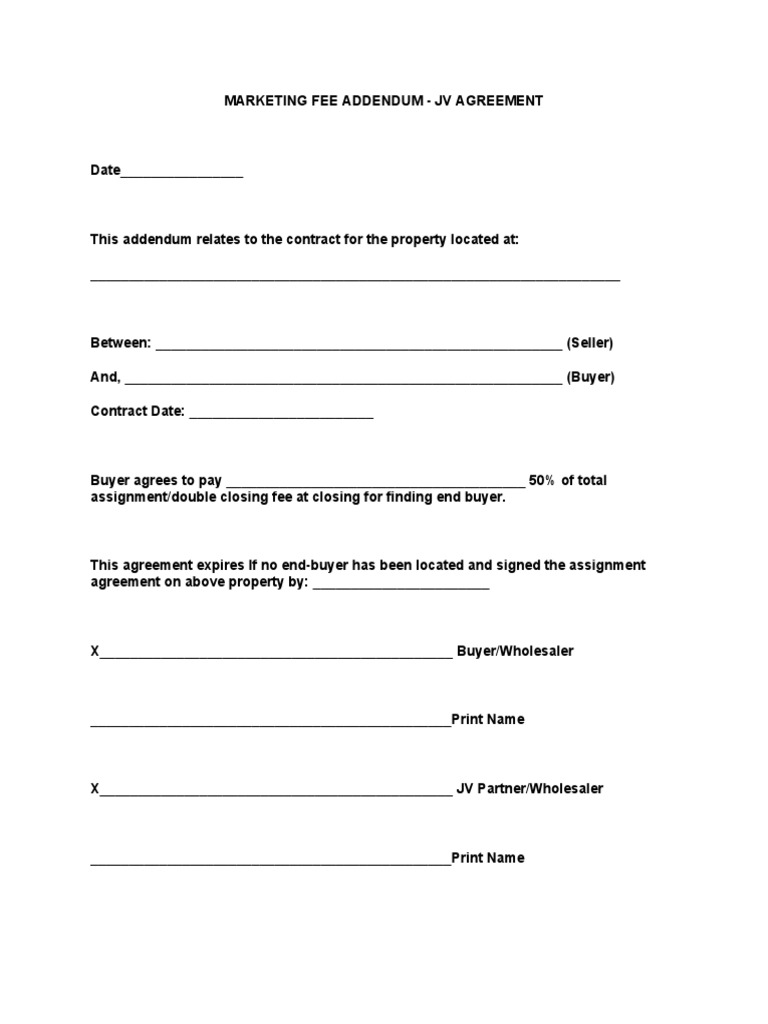 JV Agreement Marketing Fee Addendum | PDF