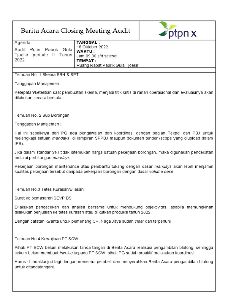 Berita Acara Closing Meeting Audit Tjoekir - v2 | PDF