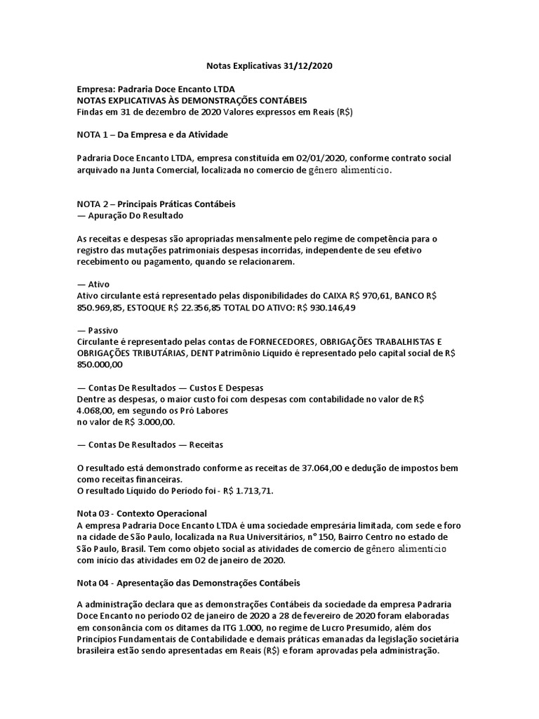 Notas Explicativas | Download grátis PDF | Contabilidade | Relatório anual