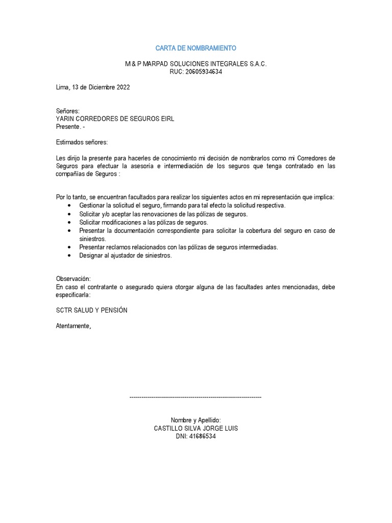 Modelo Carta Nombramiento M & P MARPAD SOLUCIONES INTEGRALES S.A.C. | PDF | Póliza de seguros ...