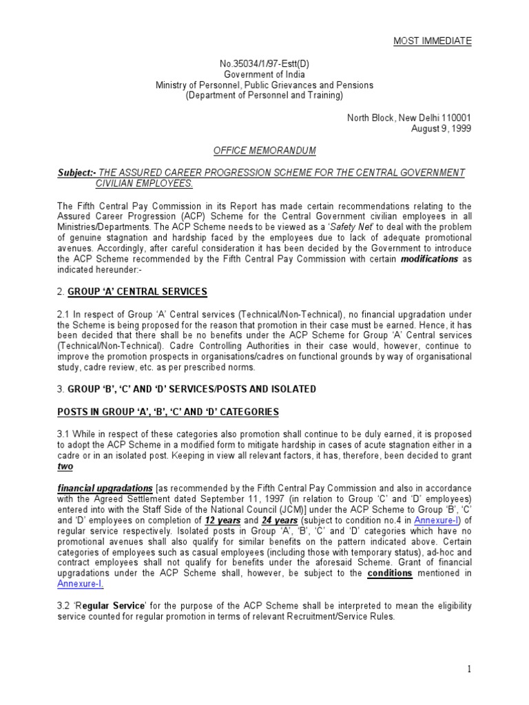 Assured Career Progression Scheme for Central Govt Employees | PDF ...