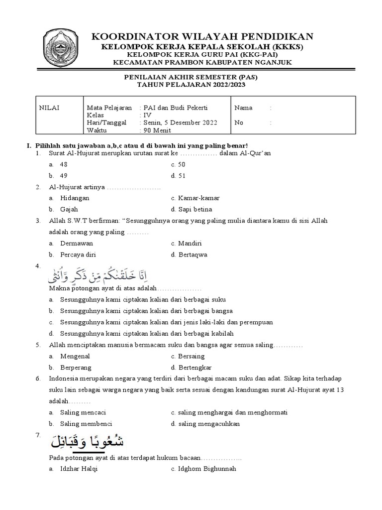 Soal Pas Pai Kelas 4 Tahun 2022 2023 | PDF
