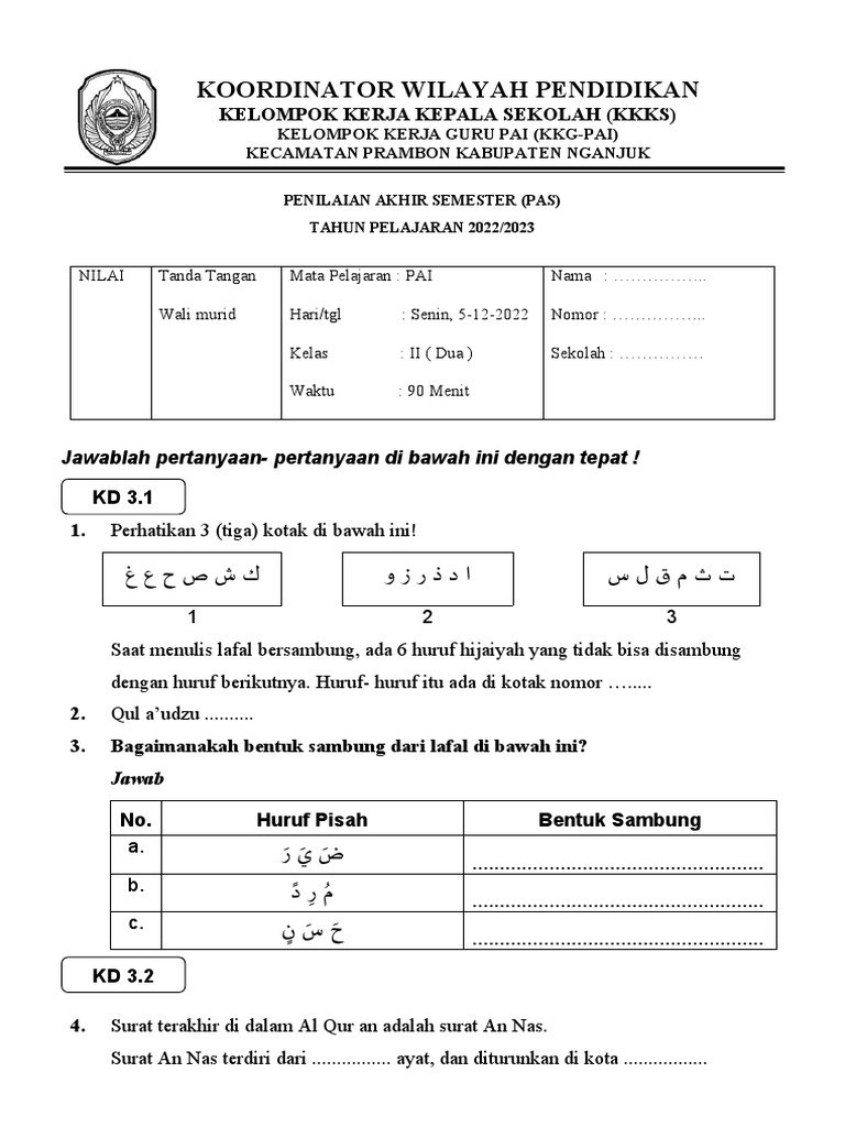 Soal Pas Pai Kelas 2 Tahun 2022-2023 | PDF