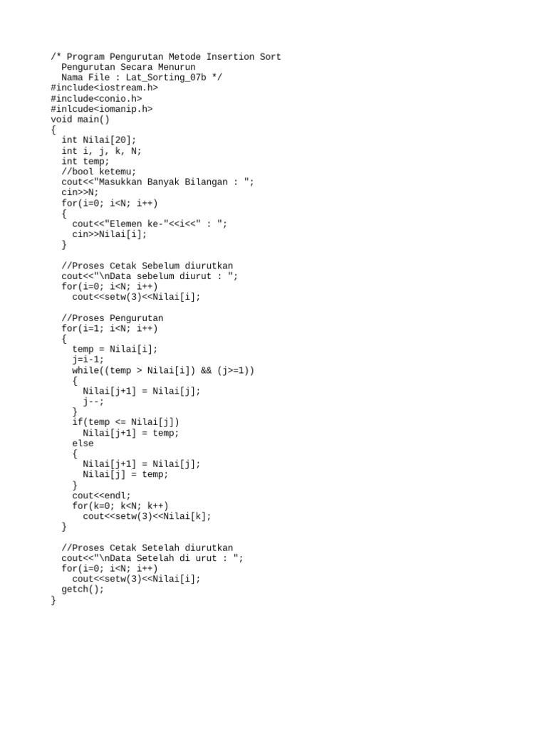 Program Pengurutan Metode Insertion Sort Secara Menurun | PDF