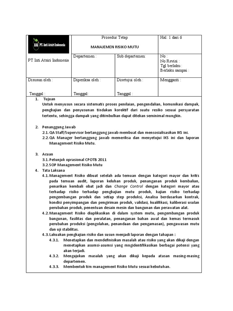 Prosedur Manajemen Risiko Mutu | PDF