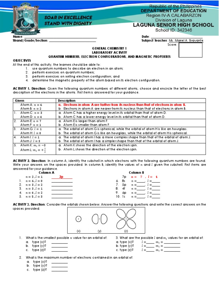 ACTIVITY SHEET Quantum Numbers | PDF | Atomic Orbital | Atoms
