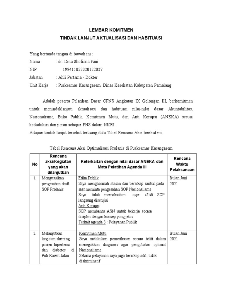 Contoh Lembar Komitmen | PDF