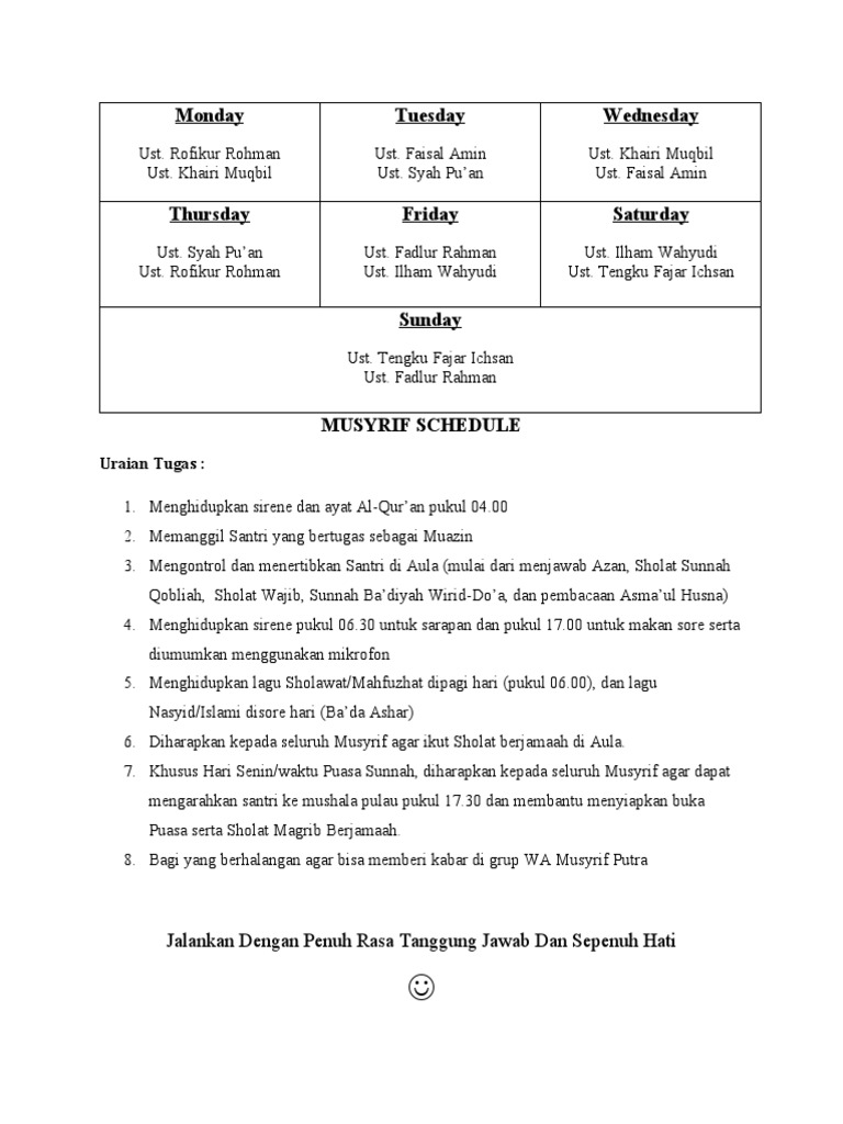 Jadwal Musyrif dan Tugas Harian | PDF