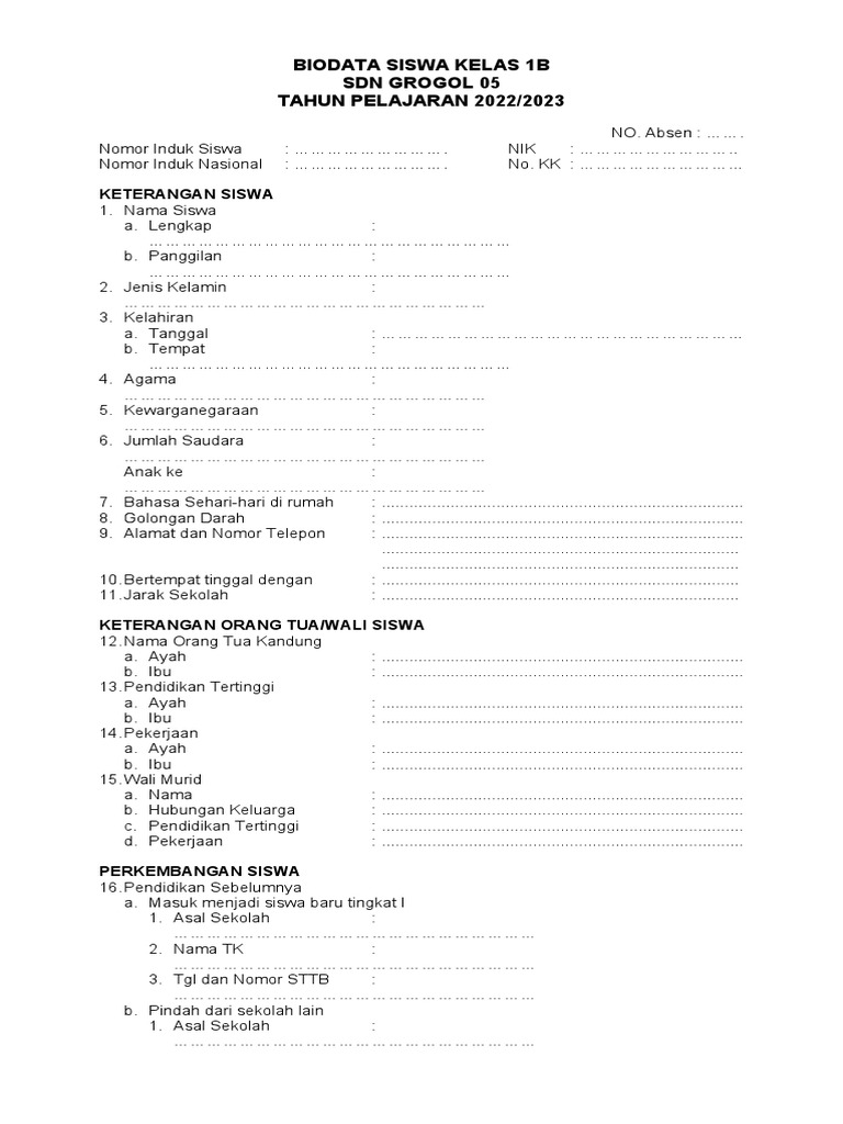 Form Biodata Siswa Kelas I | PDF