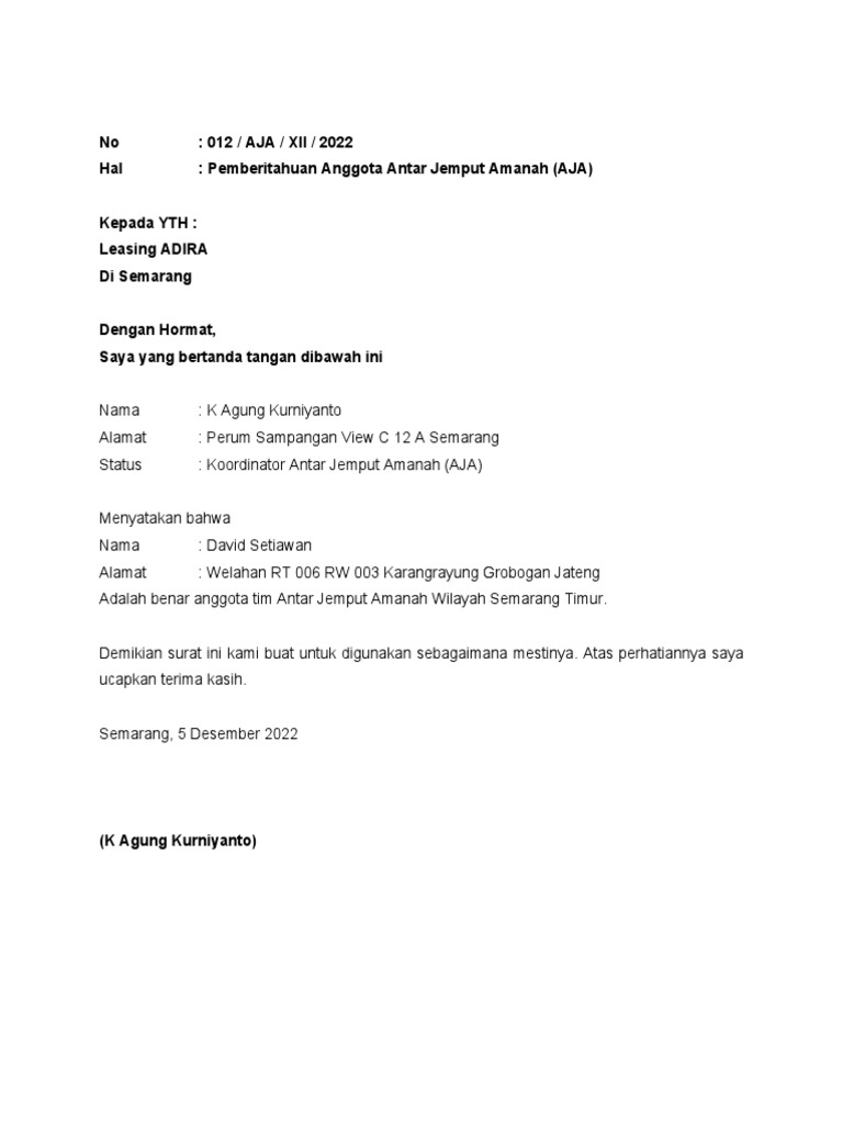 Surat Pernyataan Antar Jemput Aja | PDF