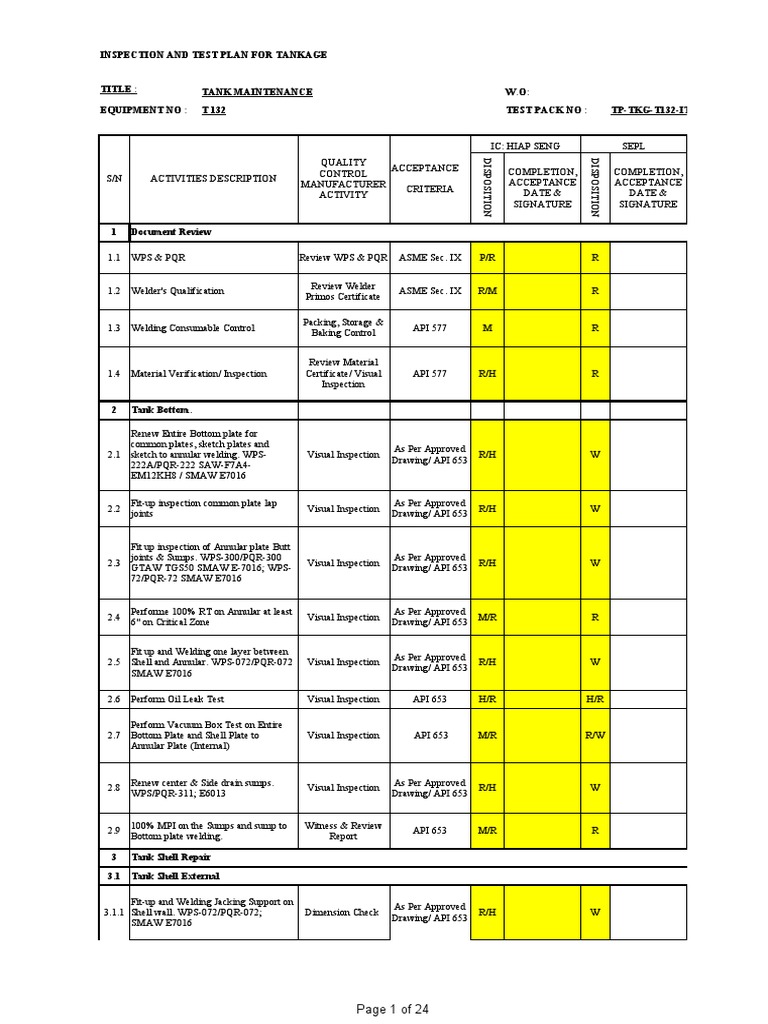 Tank Maintenance ITP | PDF | Welding | Construction