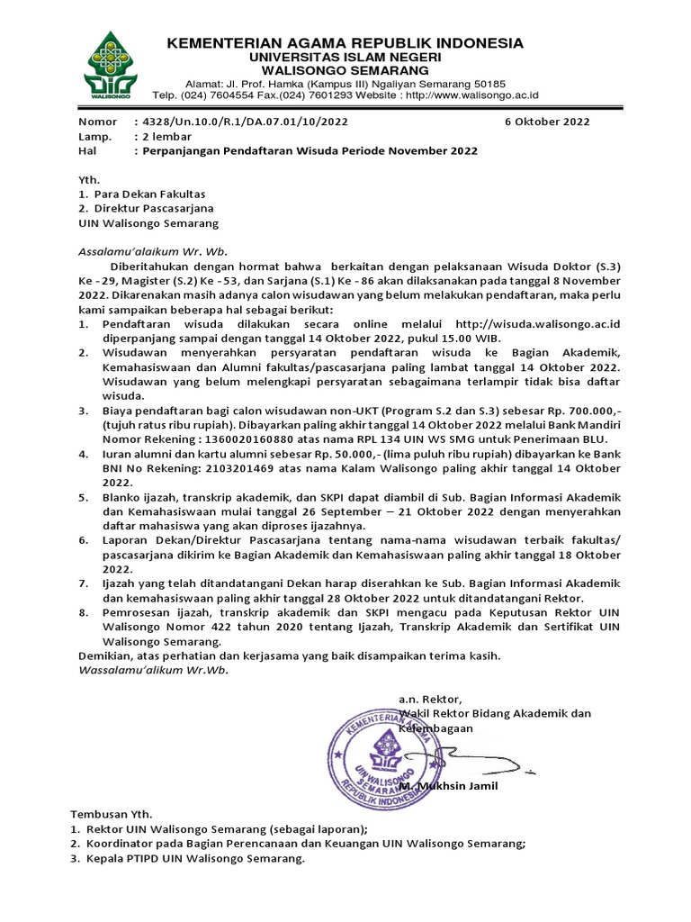 Surat Pemberitahuan Perpanjangan Pendaftaran Wisuda November 2022 | PDF
