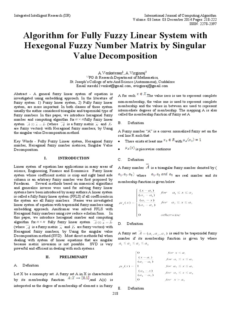 Algorithm For Fully Fuzzy Linear System With Hexegonal Fuzzy Number Matrix by Singular Value ...