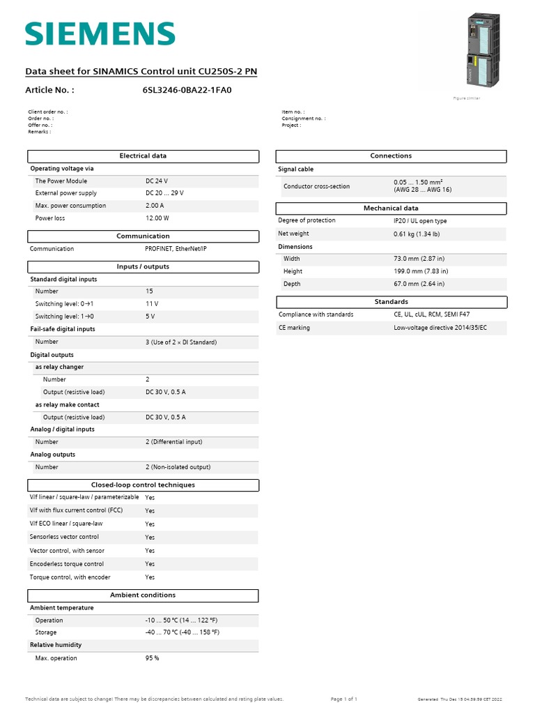 6SL3246-0BA22-1FA0 Datasheet en | PDF | Relay | Power Supply