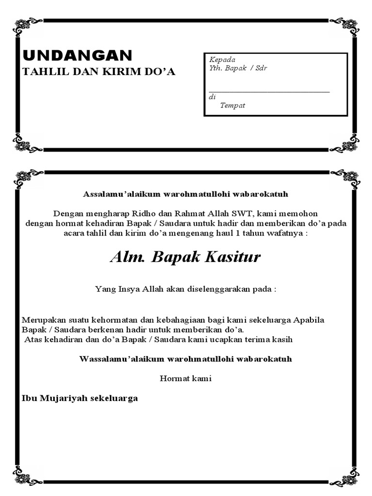 Undangan Tahlil Haul 1 Tahun Alm. Kasitur | PDF