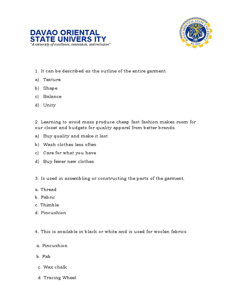 Group Two Multiple Choice Assessment | PDF | Textiles | Textile Arts