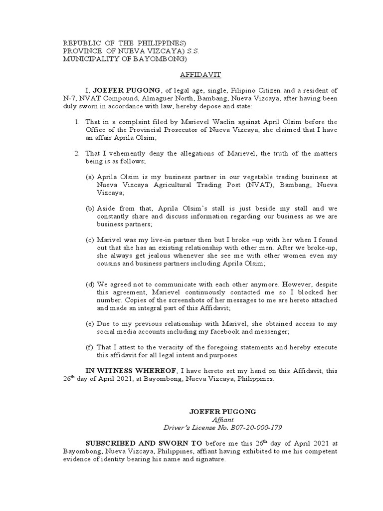 Affidavit of Joefer Pugong | PDF | Affidavit
