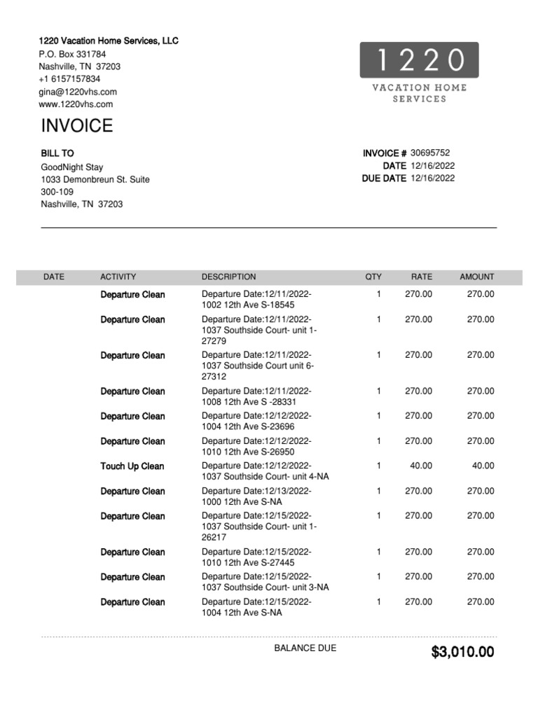 Invoice 30695752 From 1220 Vacation Home Services LLC | PDF