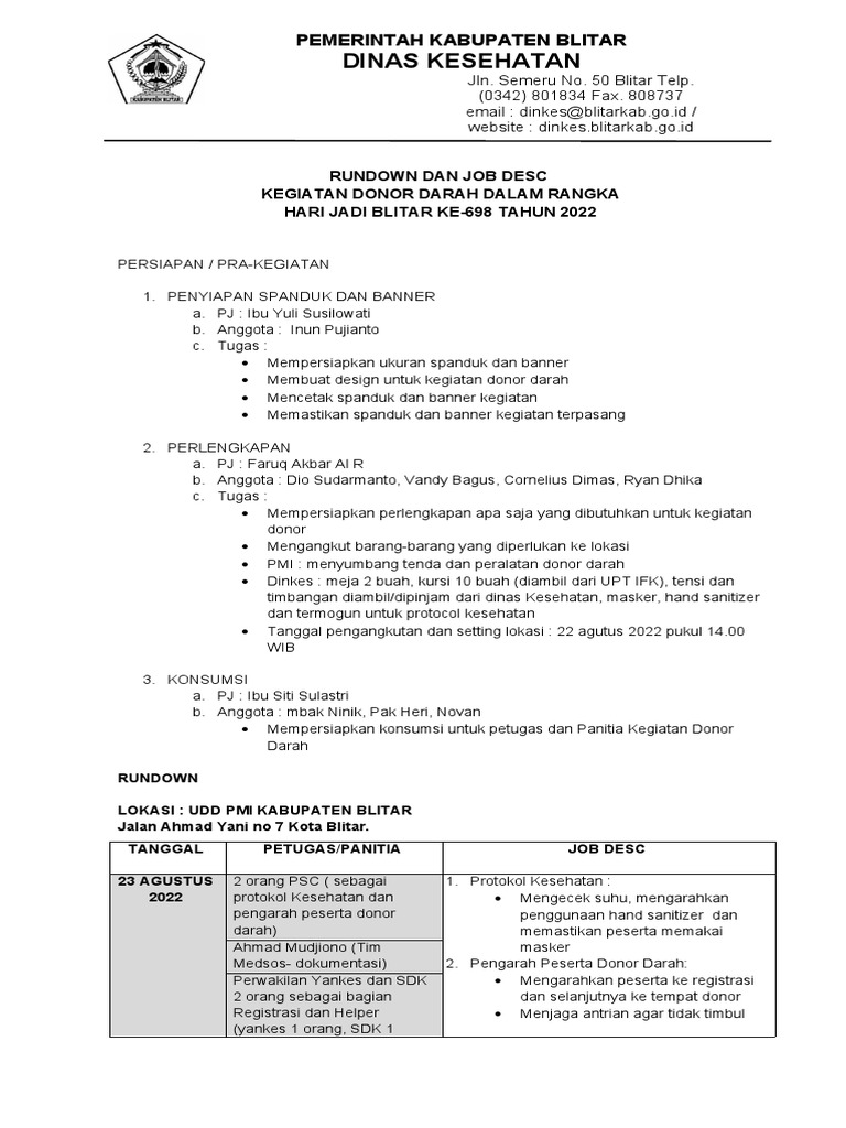 Job Desk Dan Rundown Keg Donor Darah Hari Jadi Blitar 698 | PDF