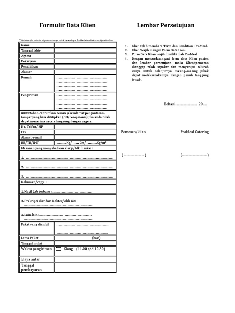 Formulir Data Klien ProMeal | PDF