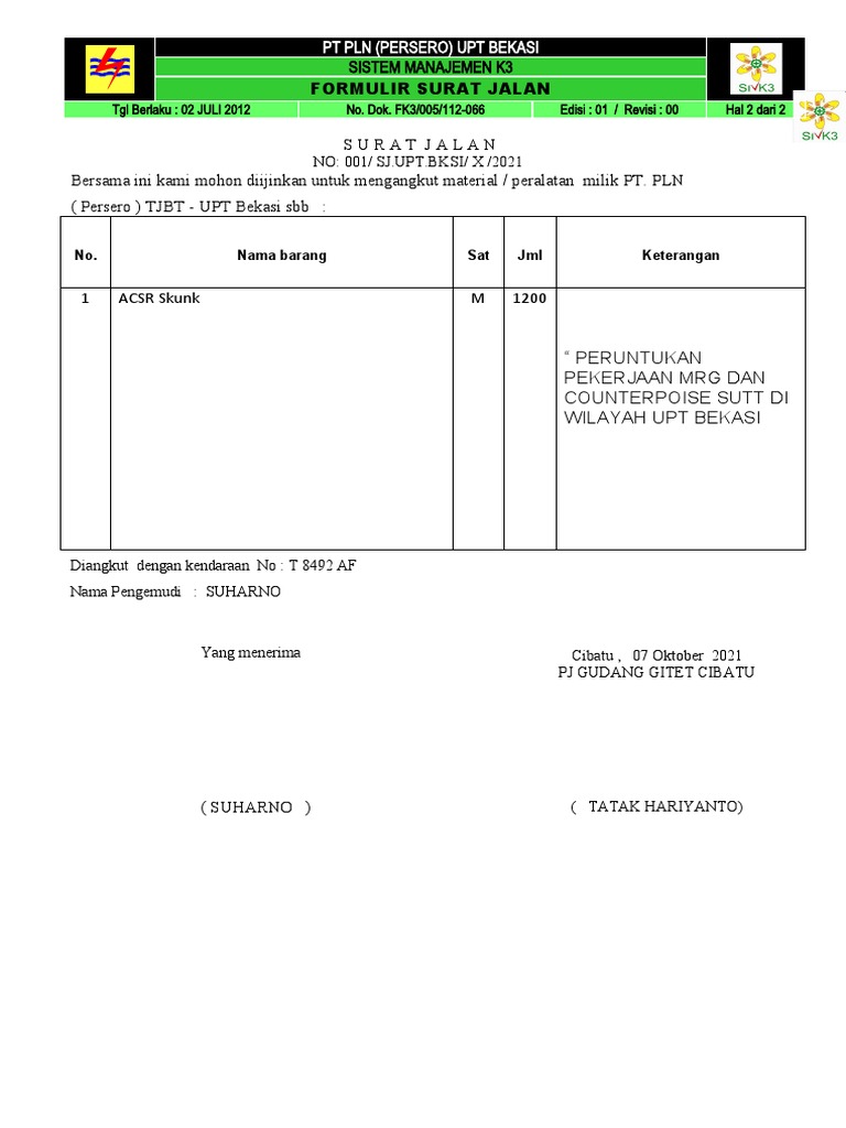 Surat Jalan Material Bongkaran Acsr Skunk | PDF
