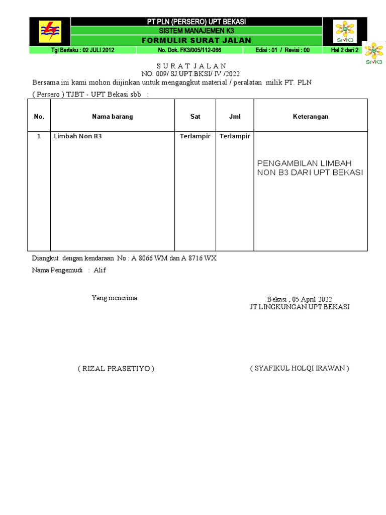 Surat Jalan Material Limbah Non b3 Upt Bekasi | PDF