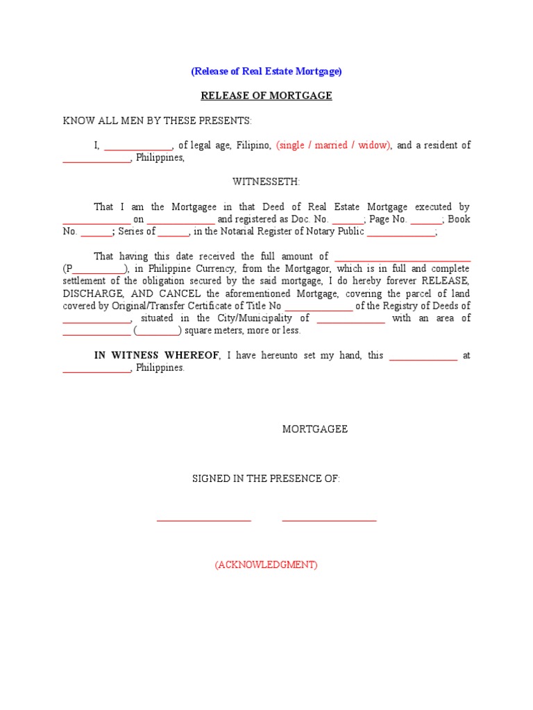 Release of Real Estate Mortgage Document | PDF